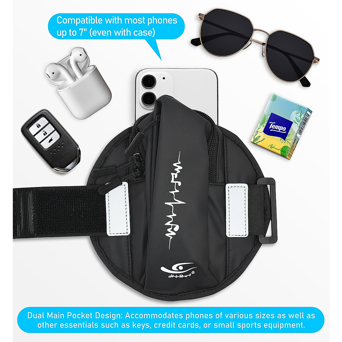 HiRui Universal Sports Armband Comfort Running Armband and Wristband Cell Phone Holder for Exercise Workout, Compatible with iPhone 15/14/Plus/Pro/13 Samsung Galaxy All Phones, Adjustable (Black)