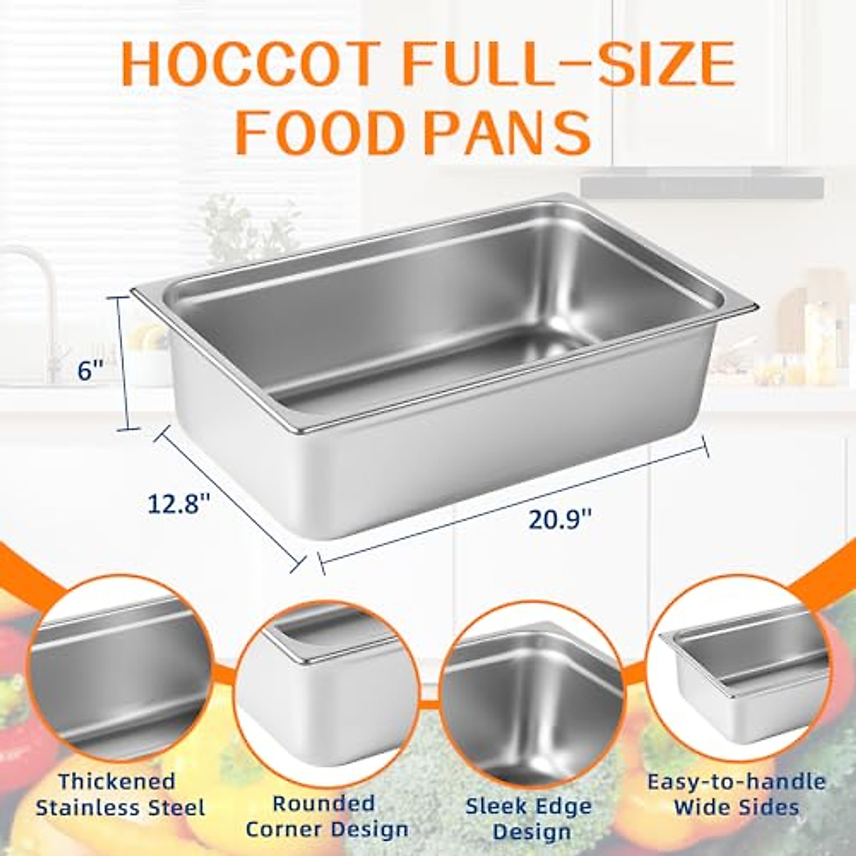 HOCCOT Full Size Hotel Pan 6 Packs, 6" Deep 304 Stainless Steel Steam Table Pan for Chafing, Commercial Food Pan for Hotel, Buffet, Restaurant, Party, Catering Food Pan for Food Supply & Storage