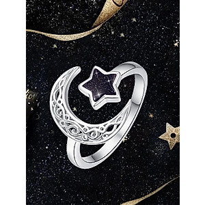 Dreamboat Sterling Silver Moon and Star Rings for Women Blue Sandstone Ring Witchy Ring Crescent Moon Ring Celestial Galaxy Ring Star Jewelry Gifts Adjustable Open Ring 7 8 9