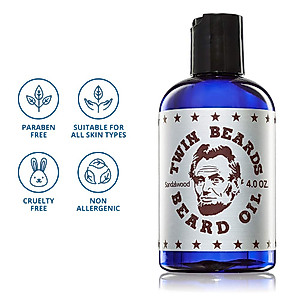 Twin Beards Sandalwood Beard Oil for Men | Beard Conditioner for Men | Essential Beard Care | Beard Softener for Men during Beard Growth | Beard Moisturizer | Mens Beard Oil Sandalwood | 4 oz