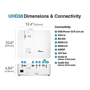 Optoma UHD38 Bright, True 4K UHD Gaming Projector | 4000 Lumens | 4.2ms Response Time at 1080p with Enhanced Gaming Mode | Lowest Input Lag on 4K Projector | 240Hz Refresh Rate | HDR10 & HLG