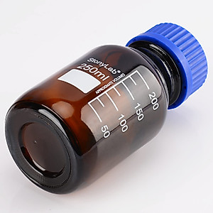 stonylab Storage Bottles with GL45 Screw Cap, 250 ml Amber Borosilicate Glass Graduated Round Storage Bottle for Lab Reagent Media Storage Bottles with Blue Screw Cap, 1 Pack