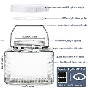 2 Pack 1 Gallon Glass Jar with Lid Square Large Mason Jar with Stainless Steel Handle and Leak Proof Screw Lid for Storing Eggs, Flour, Kombucha, Sugar, Pickle - Extra Gasket, Reusable Labels and Pen