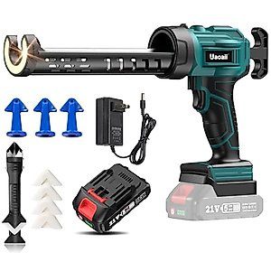 Uaoaii Cordless Caulking Gun, 20V Electric Caulk Adhesive Gun w/2.0Ah Li-Battery & Charger, LED Light, 4 Adjustable Speeds Drip-Free Caul Gun w/ 3 in 1 Caulking Tools for Filling, Sealing -10oz/300ml