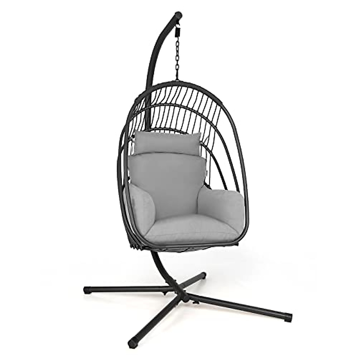 Giantex Egg Chair Hammock Stand - Hanging Swing with Stand, Folding Swinging Chair with Soft Cushion & Pillow, Wicker Rattan Hanging Chair for Bedroom,Garden, Patio Foldable Hammock Chair (Grey)