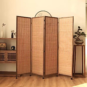 Bamboo Room Divider 4 Panel, Freestanding & Folding Privacy Screen with Swivel Casters, Office Weave Fiber Partition Wall Panels (Color : Brown, Size : Tall 170cm/67 in)