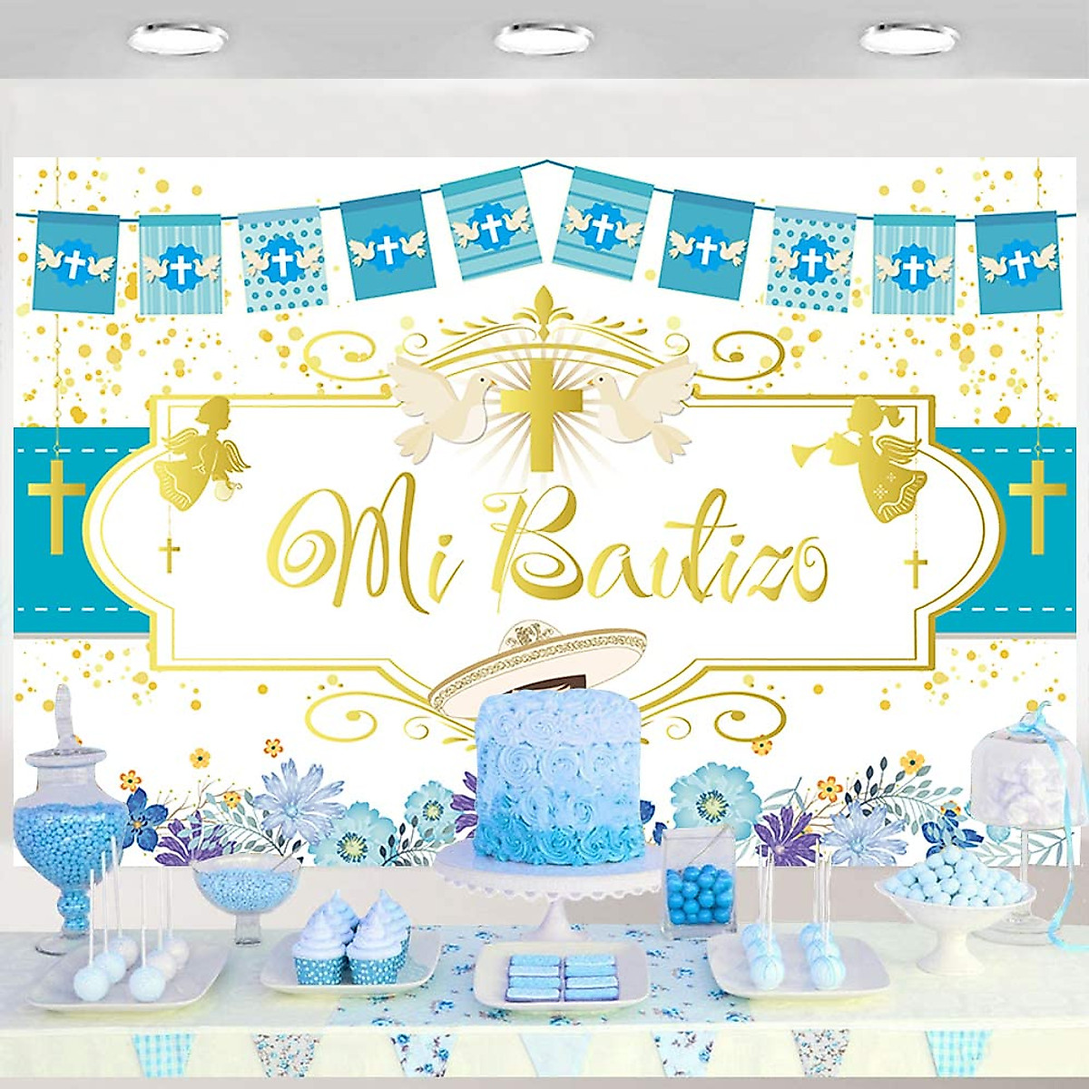 Mi Bautizo Decorations - Mi Bautizo Decorations for Boys with Baptism Backdrop Mi Bautizo Balloon Garland Kit First Communion Holy Christening Decoration God Bless Baby Shower Party Supplies