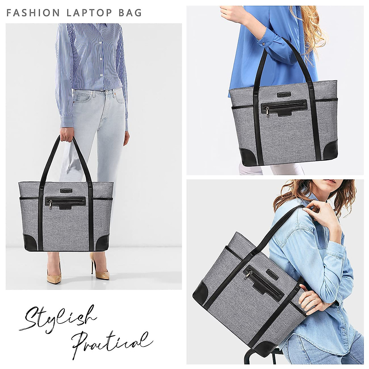 Laptop Bag for Women,ChaseChic Waterproof Classic Teacher's Tote Bag 15.6in Computer Work Bags for Women with Luggage Strap(Charcoal Gray)