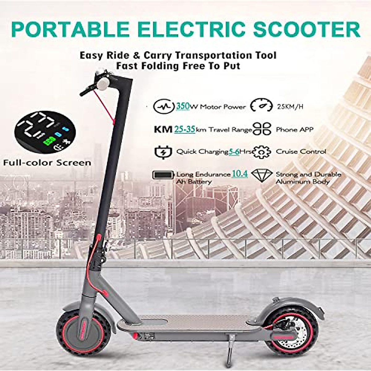 Electric Scooter, 350W App Enabled Commuting E-Scooter up to 19 MPH & 20 Miles, Max Load 220 Lbs, Folding Adults Sport Scooter with Dual Braking System for Adult, Teen & Kids