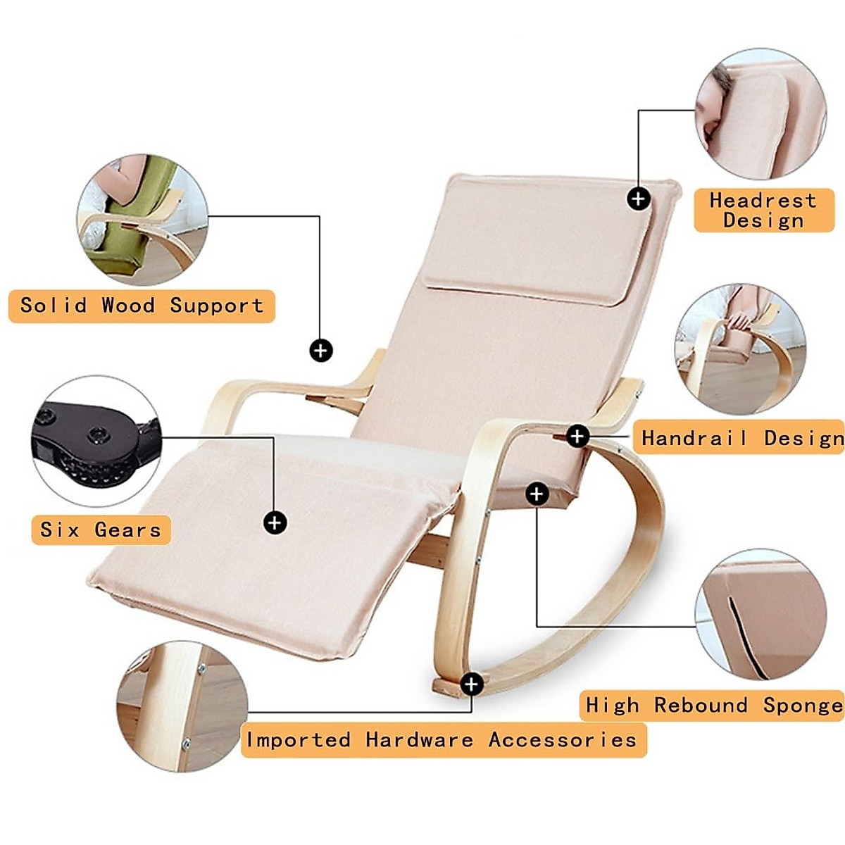 MOOTEK Single Rocker Chair, Adjustable Rocking Chair Lounge Chair, Recliner Chair with Adjustable Footrest, Multifunctional Rocking Chair, for Apartment/Living Room/Bedroom/Balcony/Courtyard