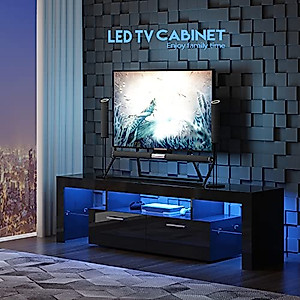 SANYOAC Black Stand for 55/60/65/70/75+ Inch Led TV, Modern Entertainment Center with Storage and Shelves for Video Gaming, Living Room Bedroom