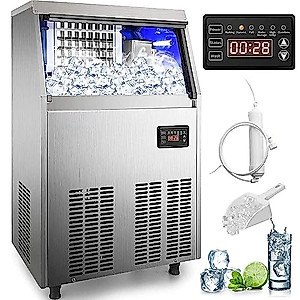 Stainless Steel Commercial Ice Maker Machine with 33LB Bin, Automatic Operation, Water Filter, Scoop, Connection Hose - Makes 120-130LBS/24H - Ideal for Home Bar