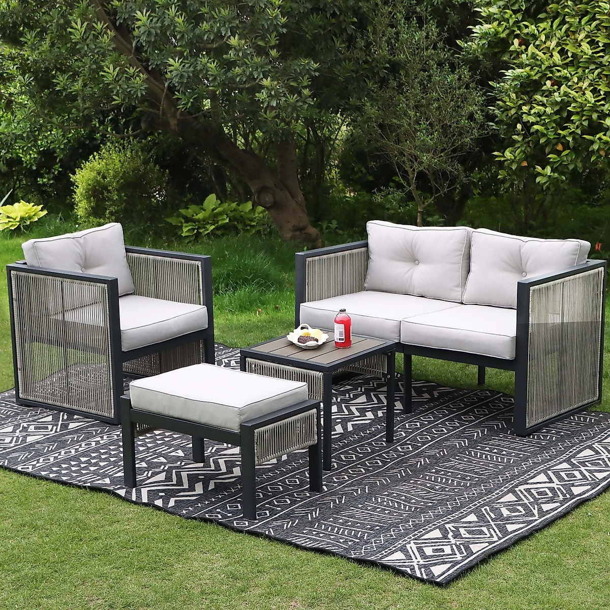 NICESOUL Modern Patio Furniture Set, 4 Seats Outdoor Sectional Sofa Set with Side Tables Footrest All-Weather Dual-Layer PE Rope Rattan Iron Frame 4" Thick Cushion Chairs Conversation Set Grey