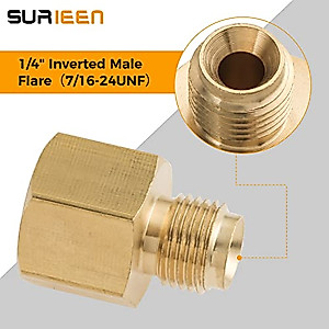 SURIEEN RV Propane Hose Adapter 1/4" Female Pipe NPT x 1/4" Inverted Male Flare（7/16-24UNF）, Brass Convert Adapter Fittings for Propane Lines (Pack of 2)