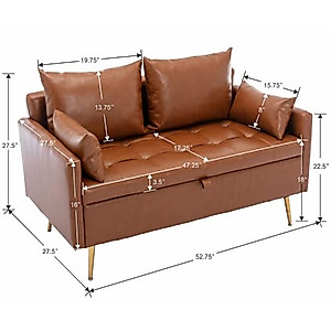 Ya-Home Modern Loveseat Sofa Comfy PU Leather with Armrest and Pillows, Upholstered Tufted Couch Love Seat Sofa with Storage Function for Living Room Office, Brown