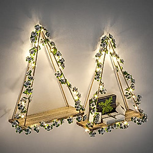 Artificial White Flower Garland with LED-Strip Wall Hanging Shelves Set of 2, Boho Shelves for Wall Décor, Macrame Wall Shelf for Bedroom Bathroom Living Room Kitchen (No Battery Included)