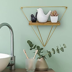 MyGift Wall Mounted Burnt Wood Floating Shelf with Brass Metal Rectangular Frame, Decorative Hanging Display Wall Decor