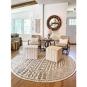 BoutiqueRugs Greig Farmhouse Moroccan Geometric Area Rug - Boho Aztec Tribal Carpet for Living Room - Black, Charcoal, Light Gray - 7'10" Round Rug
