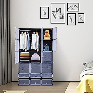Cffuvros 18-Cube DIY Plastic Closet Cabinet, Storage Cube Organizer with Doors and Clothes Rod, Stackable Closet Shelf for Bedroom, Plastic Space Saver for Home, Living Room, Office