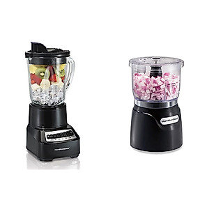 Hamilton Beach Wave Crusher Blender with 14 Functions & 40oz Glass Jar for Shakes and Smoothies, Black & Electric Vegetable Chopper & Mini Food Processor, 3-Cup, 350 Watts, Black