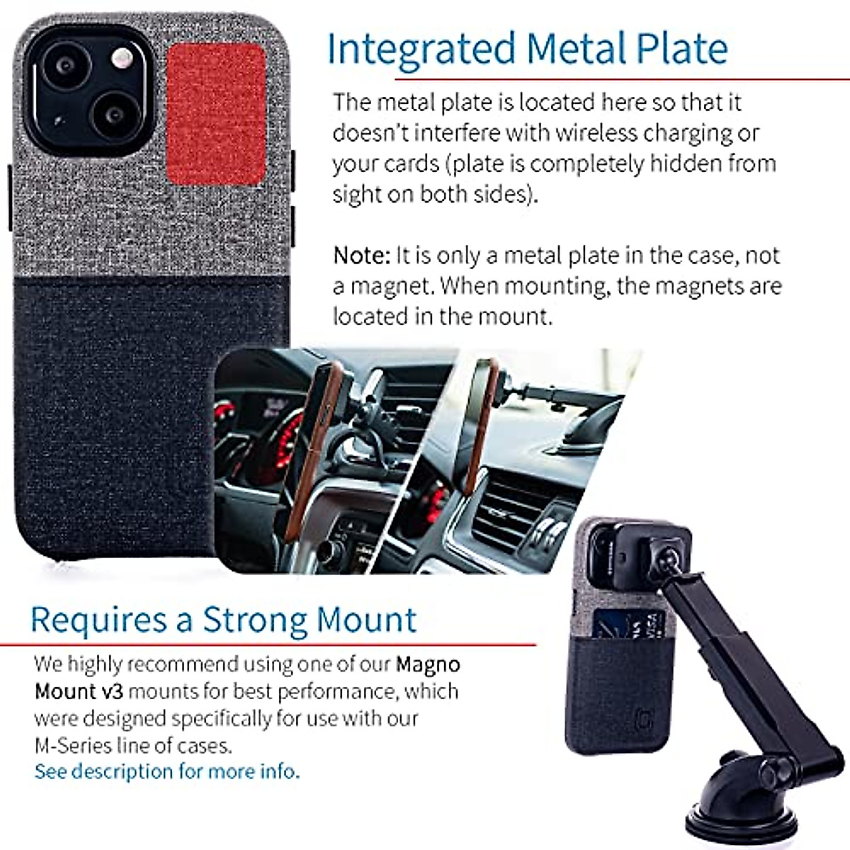 Dockem Wallet Case for iPhone 13 Mini with Built-in Metal Plate for Magnetic Mounting & 1 Lay-Flat Credit Card Holder Pockets Luxe M1, Canvas Style Synthetic Leather (5.4" iPhone 13 Mini, Black/Grey)