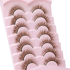 Mink Lashes Fluffy Brown False Eyelashes Natural Look Volume Wispy Cat Eye Lashes 15mm 7 Pairs Pack by FANXITON