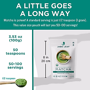 Jade Leaf Matcha Organic Green Tea Powder, Ceremonial Grade, Teahouse Edition - Premium First Harvest - Authentically Japanese (3.53 Ounce Pouch)