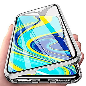 EabHulie Redmi Note 9 Pro Case, 360° Full Body Transparent Tempered Glass with Magnetic Adsorption Metal Bumper Case Cover for Xiaomi Redmi Note 9S / 9 Pro / 9 Pro Max Silver
