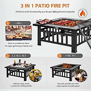 32in Firepit with Spark Screen,Square Firepit with Waterproof Cover, Poker,3 in 1 Patio Firepit Table BBQ Garden Stove for Outside Wood Burning and Drink Cooling