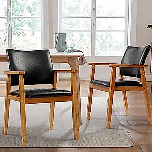 NOBPEINT Mid-Century Dining Side Chair with Faux Leather Seat in Black, Arm Chair in Walnut,Set of 2