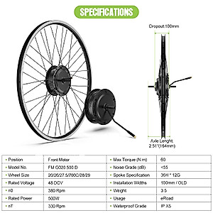 BAFANG 48V 500W Front Hub Motor Electric Bike Conversion Kit for 26 inch Wheel Drive Engine with DM03 LCD Display Without Battery and Charger