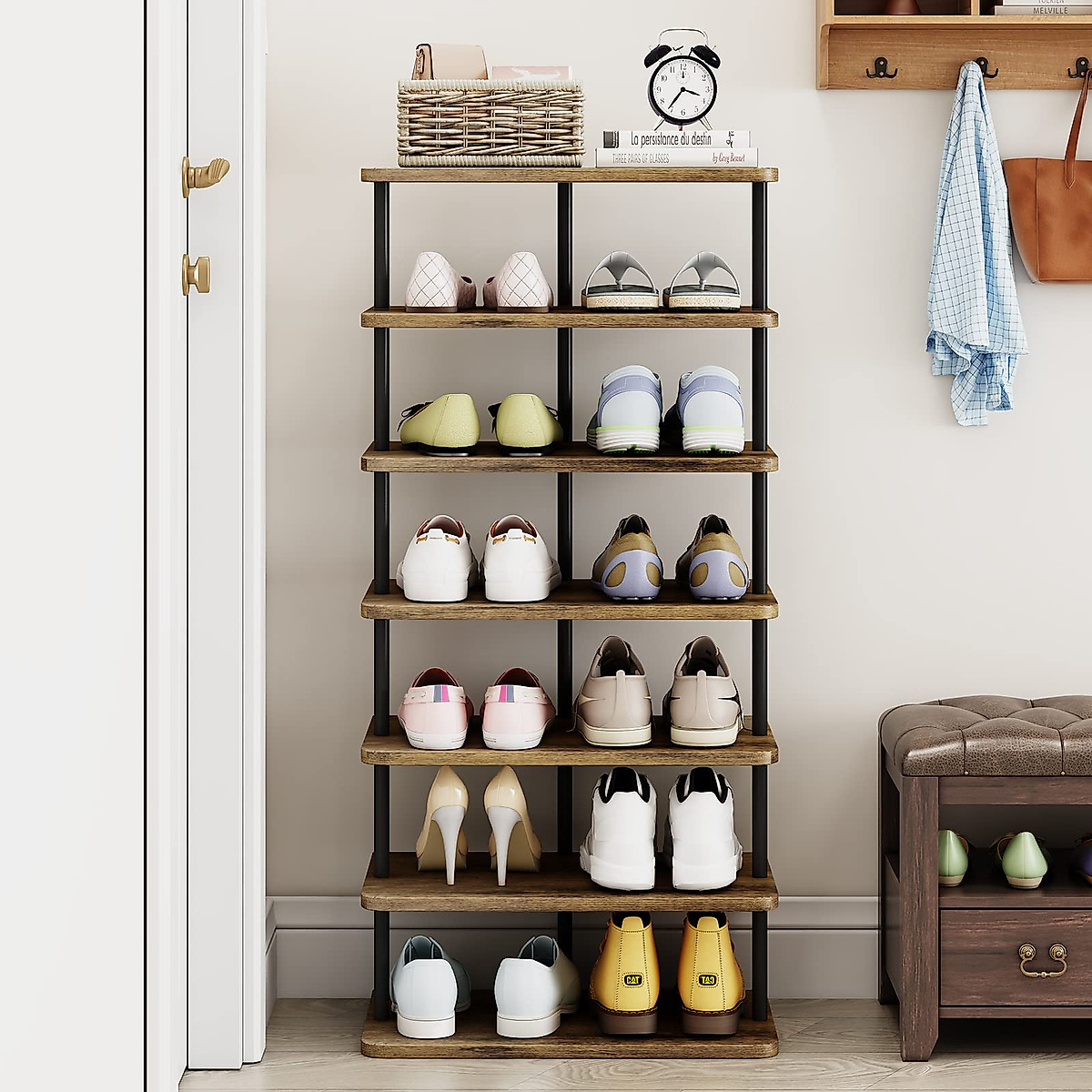 AZERPIAN Shoe Rack 7 Tier Vertical Storage Organizer Double Row Narrow Metal Slim Shelf Modern Free Standing Shoe Tower Saving Space for Closet Entryway Bedroom,Black+Rustic Brown
