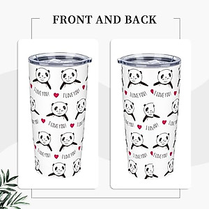 20oz Tumbler Love You Pandas Double Wall Vacuum Insulated Coffee Mug with Lid and Metal Straw Brush Reusable Stainless Steel Water Bottle Travel Cup Gifts for Car Ice Drinks Hot Beverage