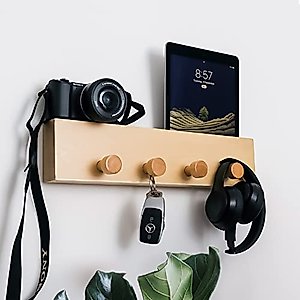 Ligneum Small Wall Shelf with Hooks for Hanging Coats - Wall Mounted Coat Rack and Floating Shelf with Hooks - Apartment Decor Entryway Wall Shelf with Key Organizer and Mail Organizer.