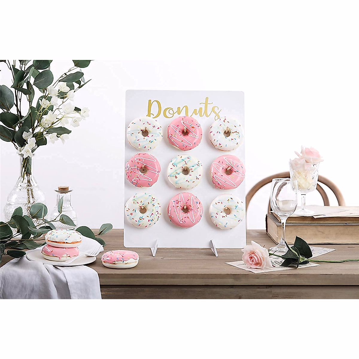 OWOYDOJ Donut Stand for Party, Donut Wall Holders for Table, Reusable Wood Doughnut Pegboard for Baby Showers, Bridal Shower, Birthday, Wedding, Holds 9 Doughnuts