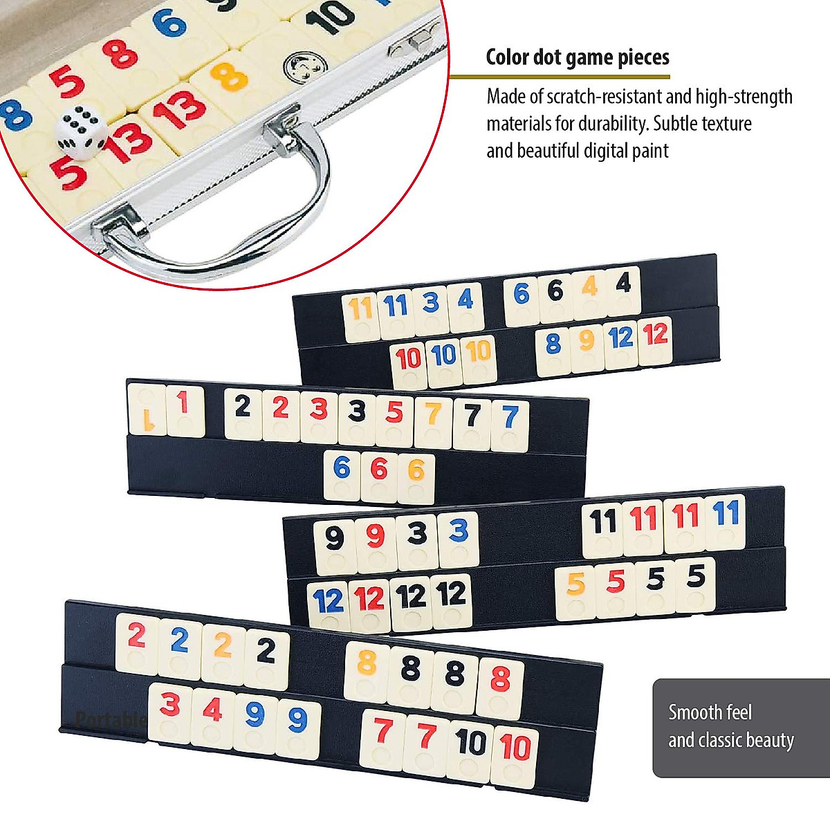 106 Rummy Tiles Game, Rummy Cube Sets Travel Game Outlasting Color with Aluminum Case & 4 Anti-Skid Durable Trays. Board. 106 Tile, 4 Players. Deluxe Edition.