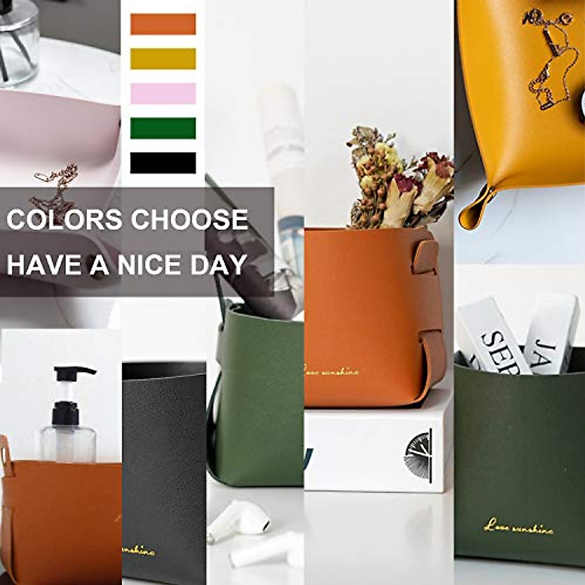 NIKAHOO Small Basket Bin Leather Storage Basket, Foldable Shelf Desk Organizer Trays for Living Room, Office, Nursery, Home Décor