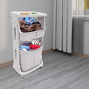 Laundry Hampers, 3-Layer Bathroom Clothes Storage Basket Household Bathroom Simple Storage Shelf Kitchen Shelf Fruit Stand With Universal Wheels for Bathroom Bedroom Kitchen (White, 3-Layer)