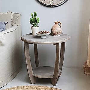 COZAYH Rustic Farmhouse end Table with Storage Shelf, French Country Accent Side Table for Family, Dinning or Living Room, Small Spaces, Modern, Round, Vintage Grey Finish.