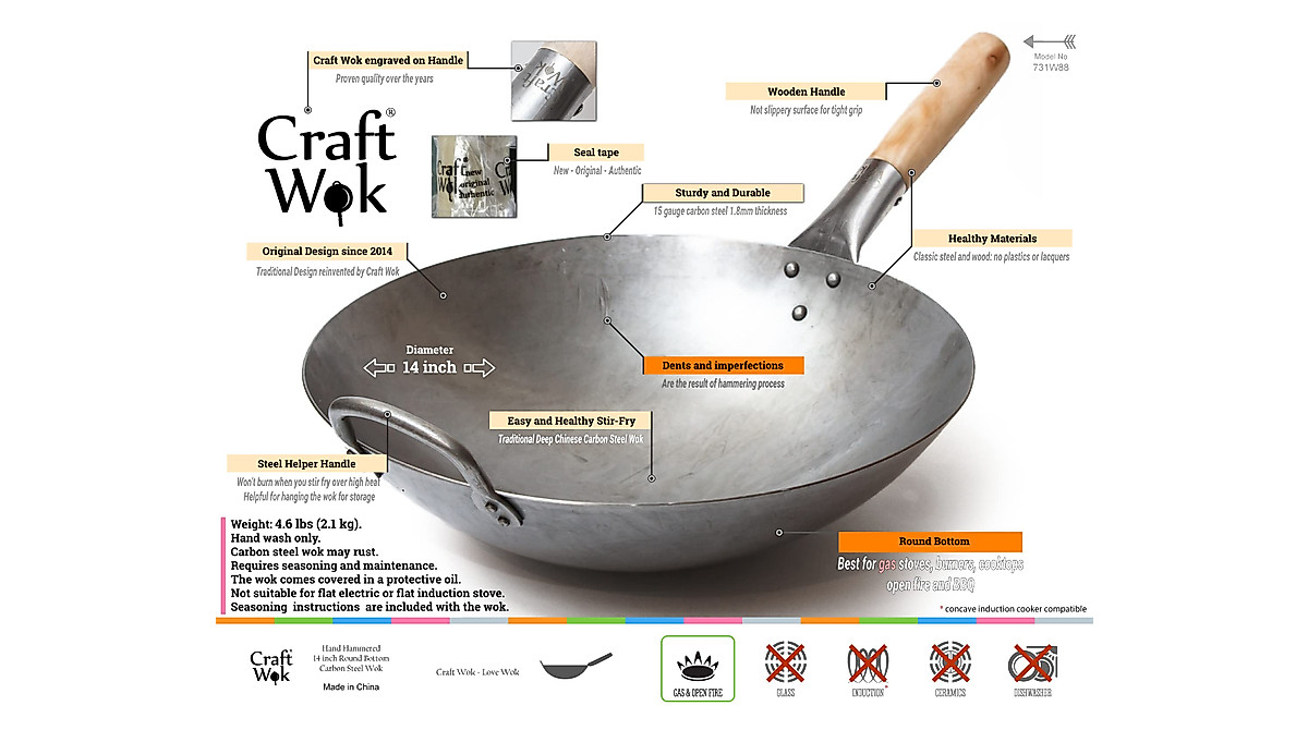 Craft Wok 14-Inch Hand Hammered Carbon Steel Wok