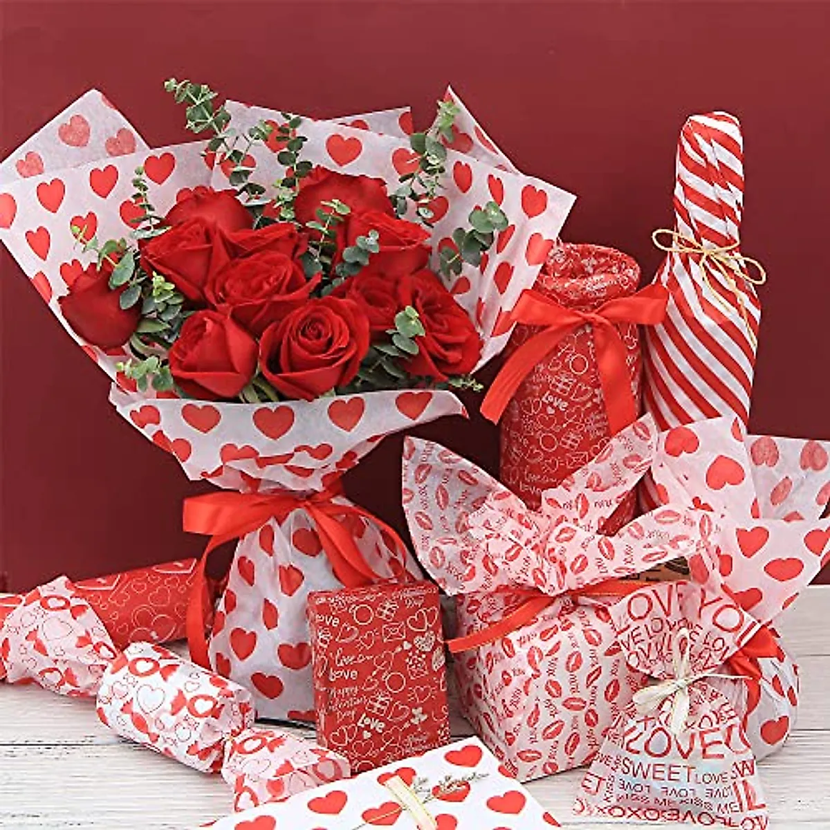 Valentines Tissue Paper Sheets Bulk 80 Sheets 20 * 20inch Per Sheet 8 Designs 10 Sheets Each Design Pattern Printed for Boxes,Wrapping Bags and Wine Bottles