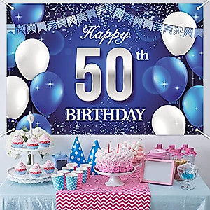 4 x 6ft Happy 50th Birthday Party Decorations Banner Blue and Silver - Cheers to 50 Years Anniversary Photo Booth Backdrop party Supplies for Girls and Boys