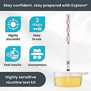 Exploro Highly Sensitive Nicotine Test - Detects Nicotine Metabolite Cotinine in Urine for up to 10 Days - Accurate Results in 5 Minutes - 10 Strips with Cut-Off Level of 200 ng/ml