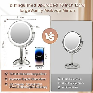 VESAUR 10" Extra Large and 17" Tall Lighted Makeup Mirror, 1X/5X Magnifying Vanity Mirror with 3 Colors Dimmable, 62 Premium LED Lights, 360° Rotation Table Mirror 2 Power Supply, Pearl Nickel