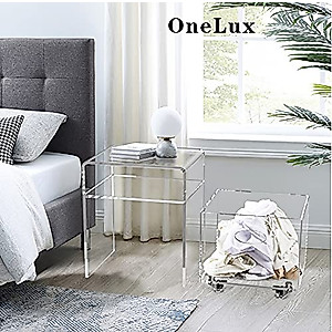 ONELUX 2088 Clear Acrylic nightstand with an Extra Storage Basket on Wheels,Clear Decorative End Table/Home Decor Display Tables,Bathroom Side Tables
