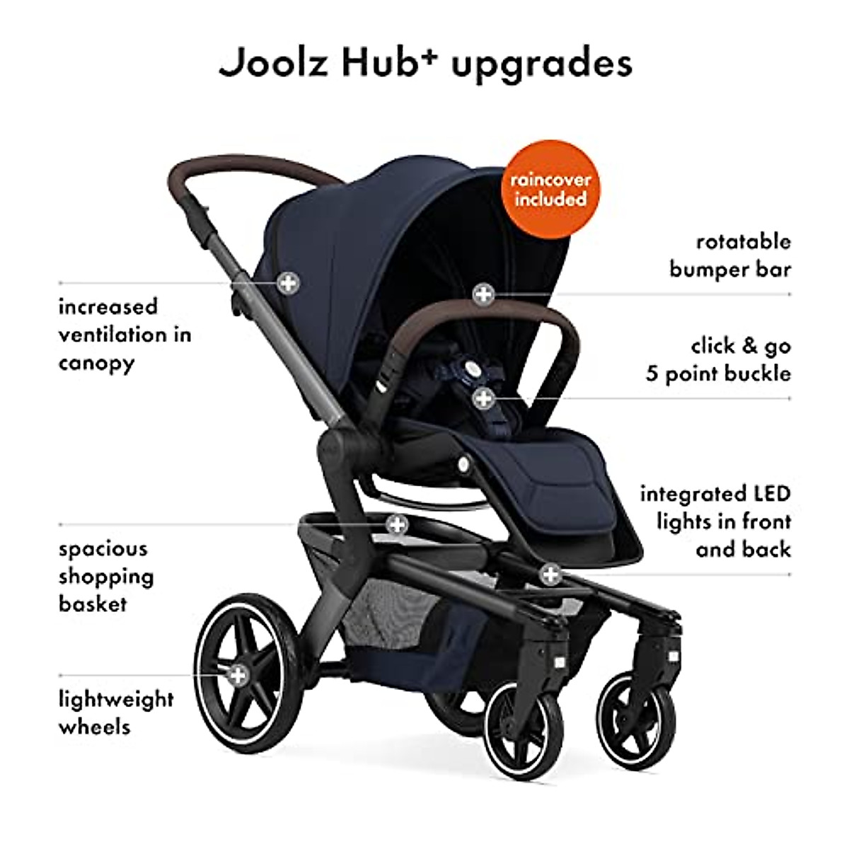 Joolz Hub+ - Parent Facing Stroller for Babies 6 Months+ (Up to 50 lbs) - Compact & Stylish - Easy Fold - One-Hand Steering - LED Lights - XXL Sunhood - Superior Comfort (Navy Blue)