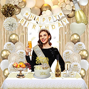 Golden Birthday Party Decorations, Gold Birthday Decorations, Happy Birthday Banner White and Gold Balloons Fringe Curtain Tablecloth Birthday Sash Crown Paper Pom Poms for Women Girls Men Boys