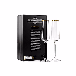 Gold Rim Champagne Gift Glasses | Set of 2 | Crystal Square Toasting Flutes for Bride and Groom, Wedding, Anniversary, Birthday | Elegant Long Stemmed Glassware for Sparkling Wine, Prosecco