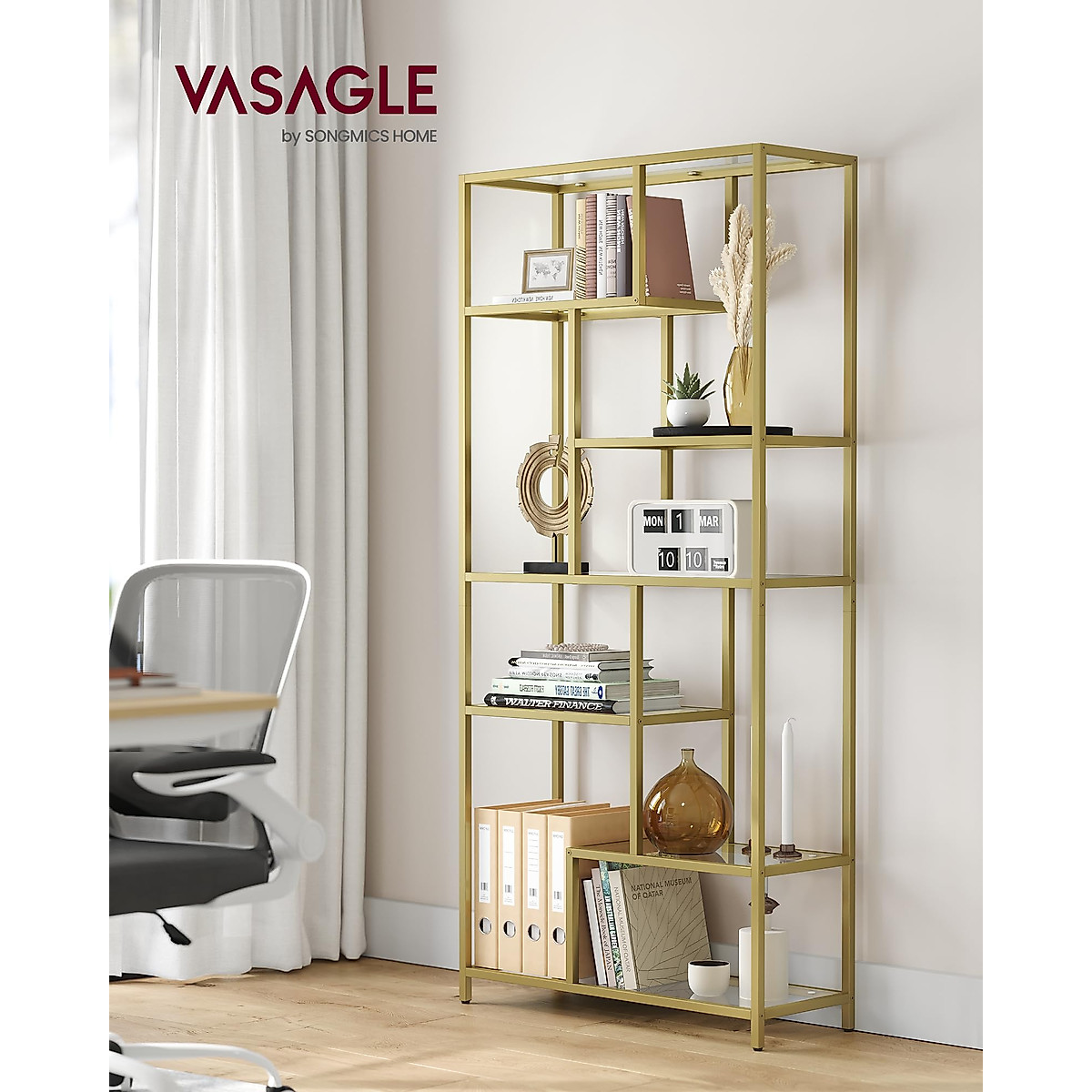 VASAGLE Bookshelf, 6-Tier Tall Bookcase, Display Shelf, Plant Stand, 11.8 x 31.5 x 70.9 Inches, Tempered Glass, for Study, Office, Living Room, Bedroom, Kitchen, Metallic Gold ULGT502A01