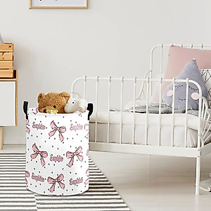 Personalized Laundry Basket Hamper,Pink Bow Dots Name Text,Collapsible Storage Baskets with Handles for Kids Room,Clothes, Nursery Decor